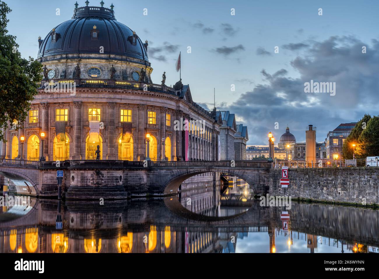 View of the Bode-Museum in Berlin at dawn with the reconstructed City ...