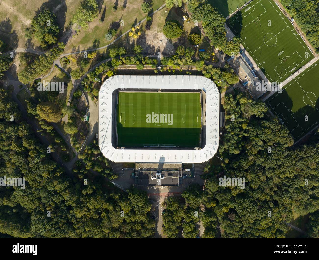 Soccer football stadium top down overhead Aerial in forrest park. Green ...