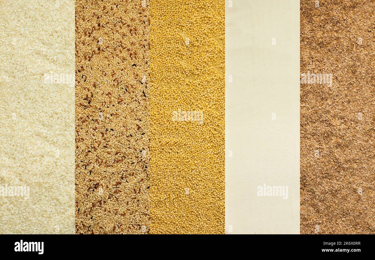 Various grain cereals banner, top view, white and brown rice, couscous ...