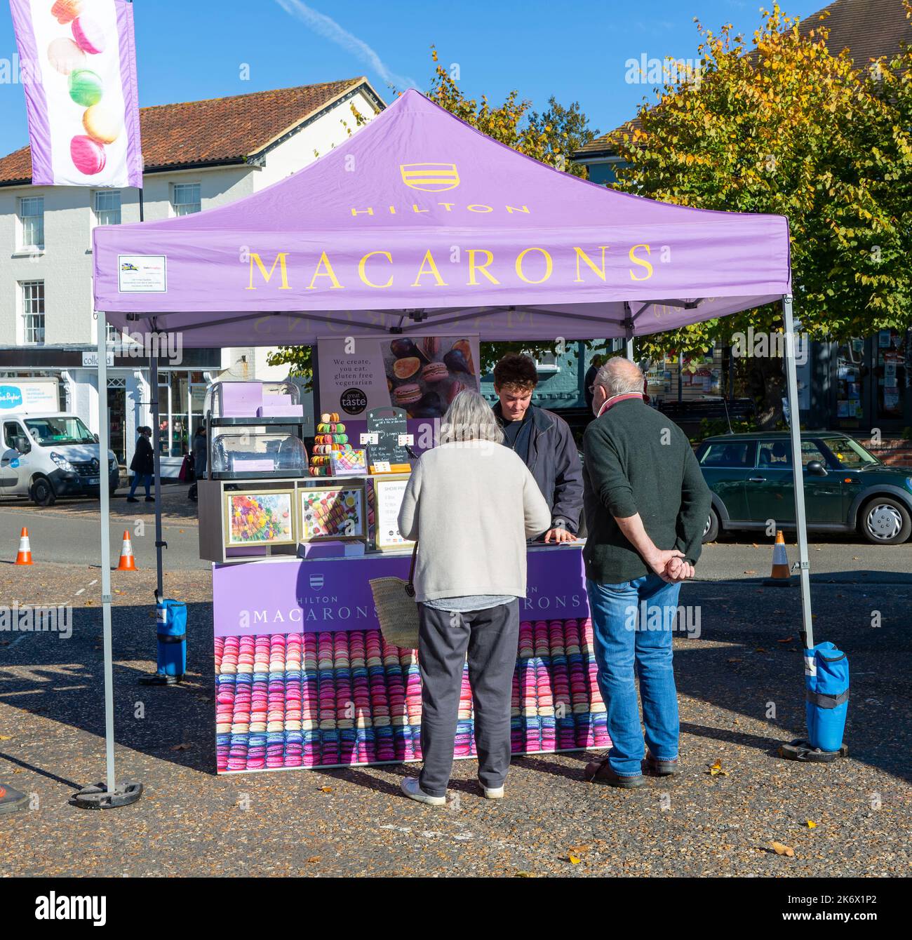 Hilton Macarons market stall, Framlingham, Suffolk, England, UK Stock ...