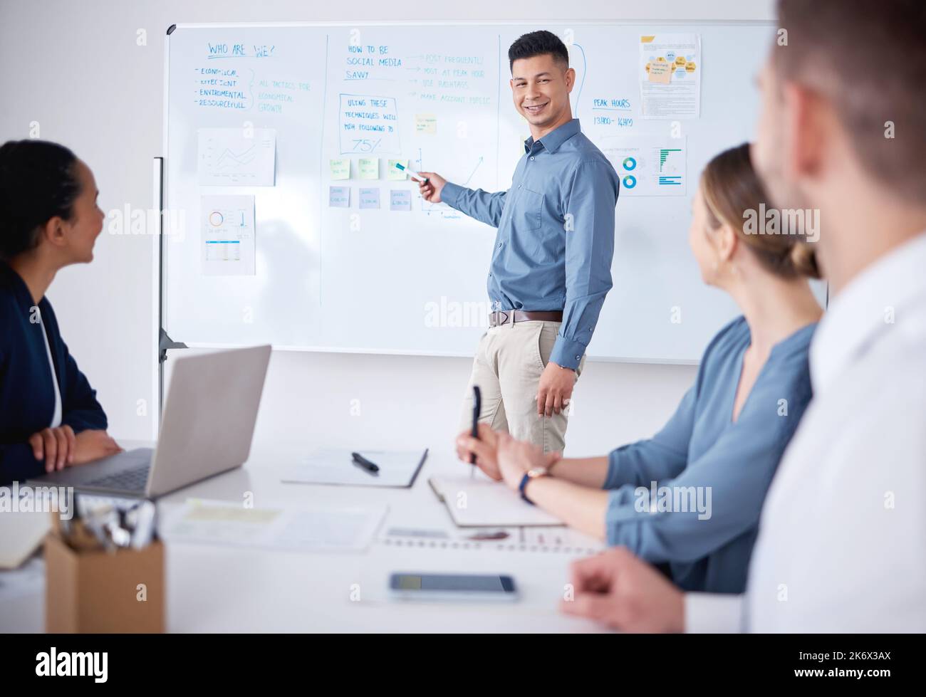 Smiling mixed race business manager training and teaching team of ...