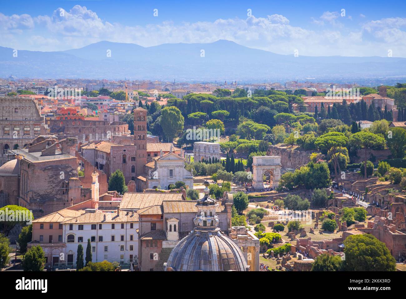 Rome skyline: Colosseum, Roman Forum and Palatine Hill Stock Photo - Alamy