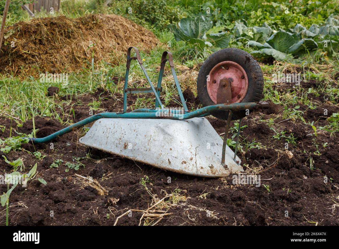overturned wheelbarrow in the garden. wheelbarrow lying on the ground ...