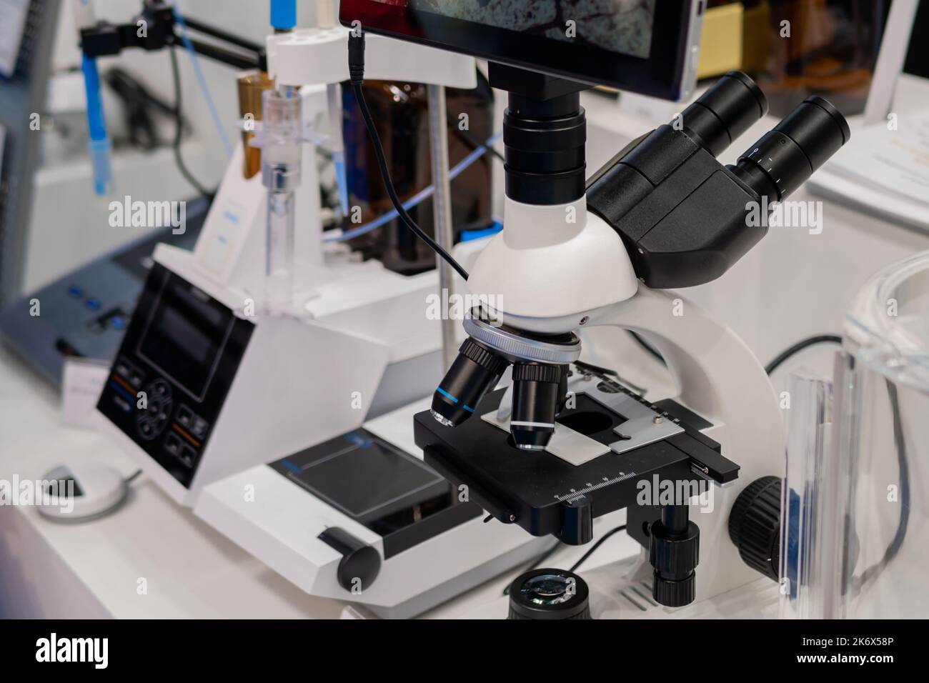 Professional medical microscope in science lab, exhibition Stock Photo ...