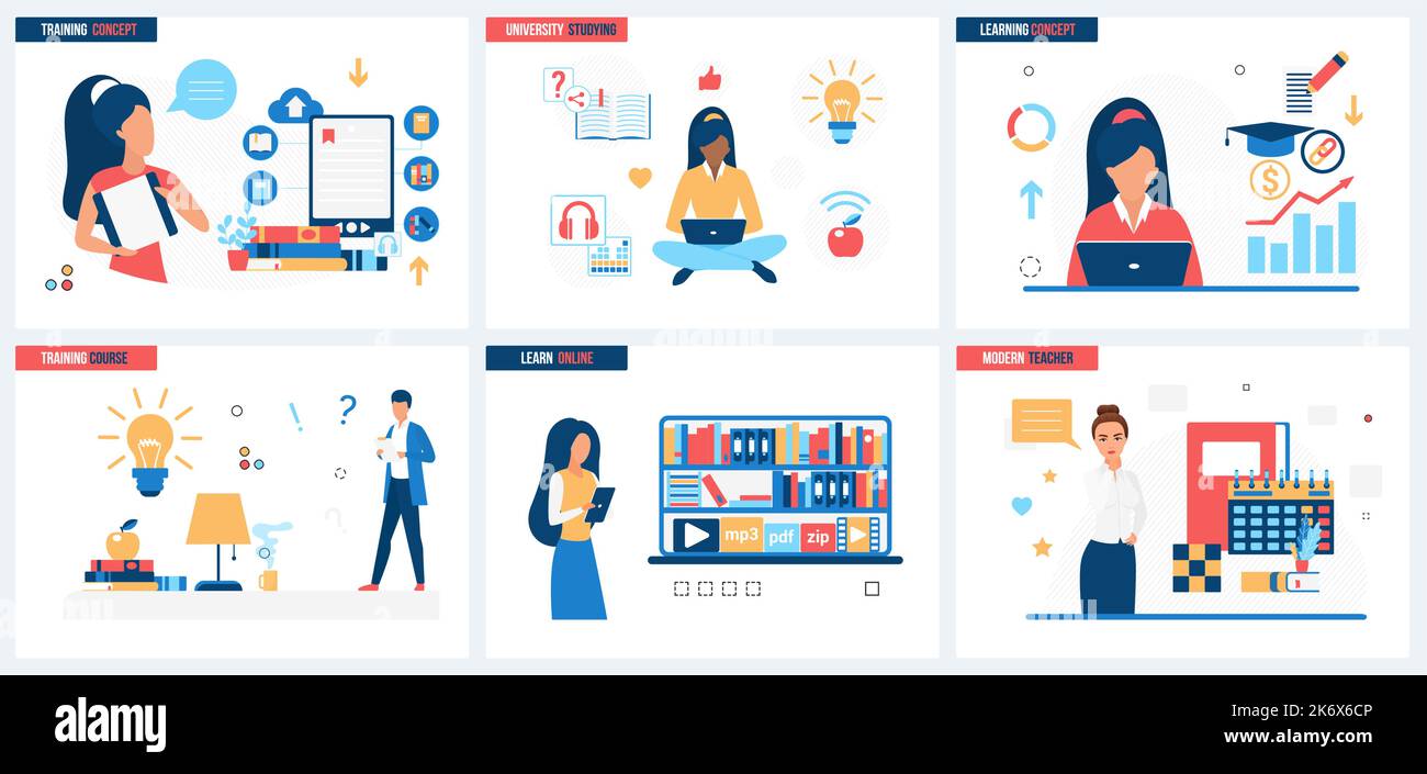 Online education, library app set vector illustration. Cartoon modern ...