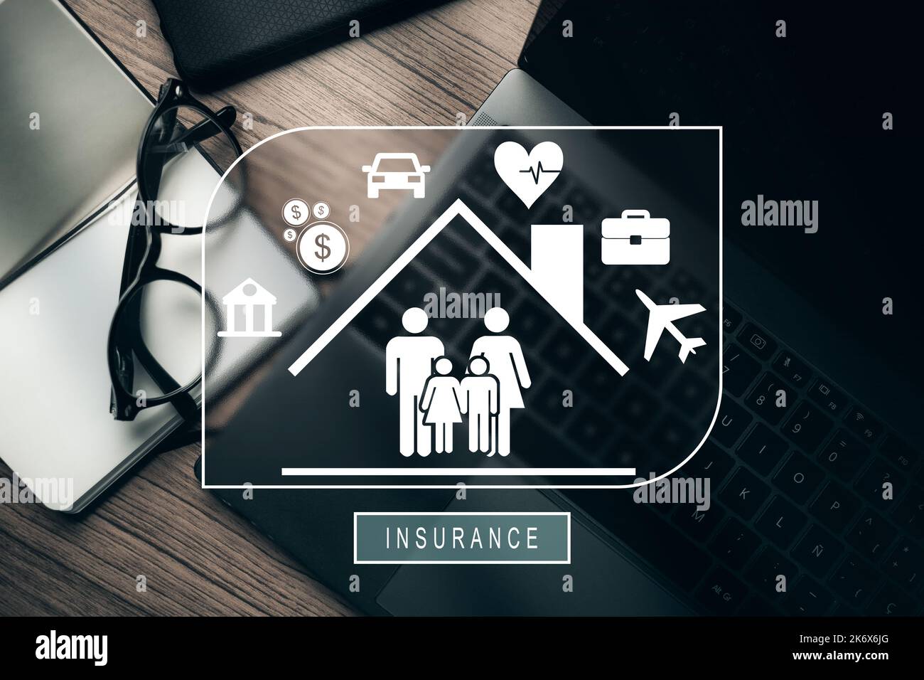 VR icons illustrating the coverage of policy insurance. Family, life ...