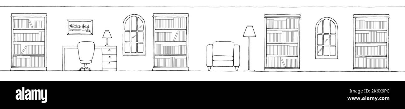 Library interior graphic black white long sketch illustration vector ...
