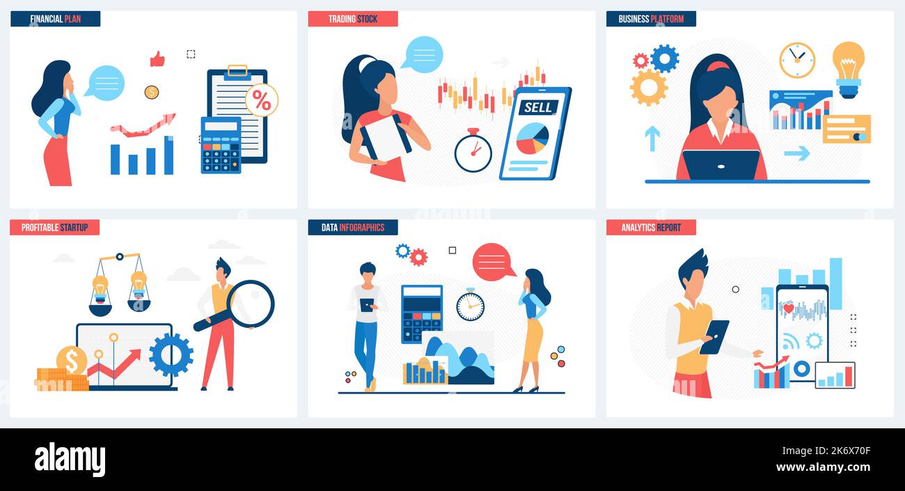 Finance analytics, statistics report set vector illustration. Cartoon ...