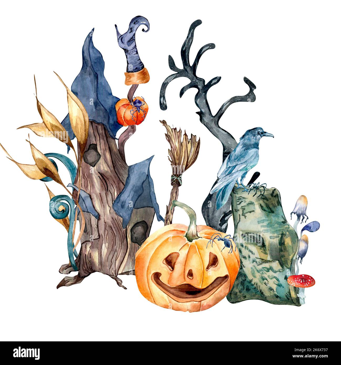 Colorful Halloween composition of small hut watercolor illustration ...