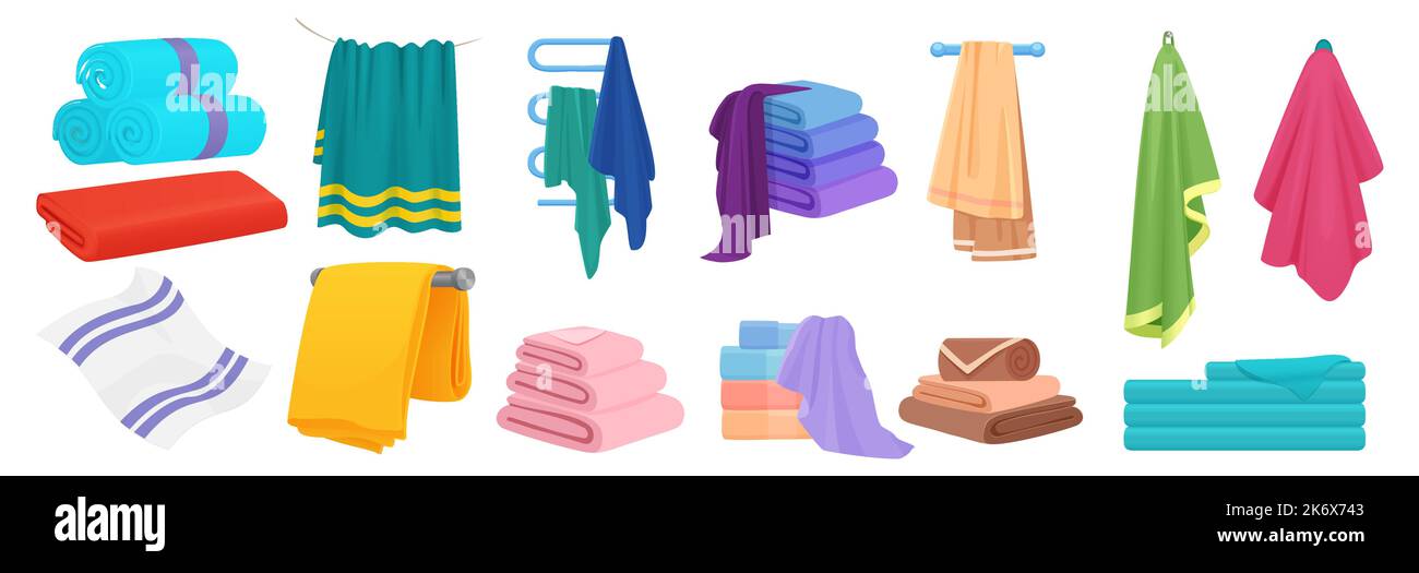 Cute cartoon folded vector towels for bath wide panorama set vector ...