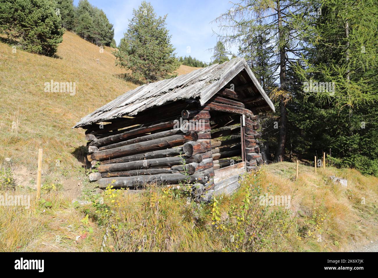 an old little crooked hut in the alps Stock Photo - Alamy