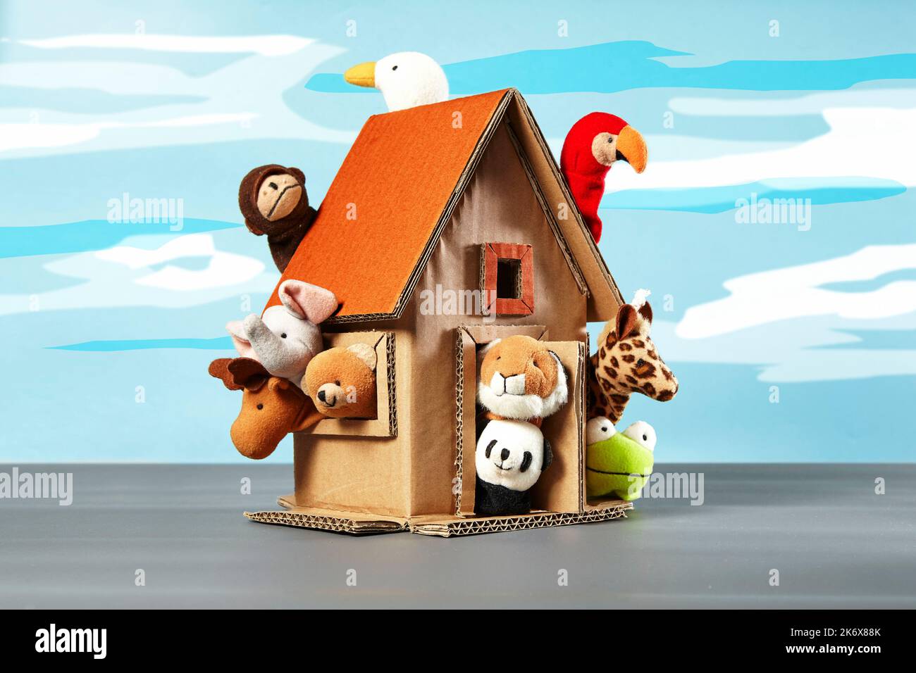 Ten animals finger puppets cardboard houses with sky vector background ...