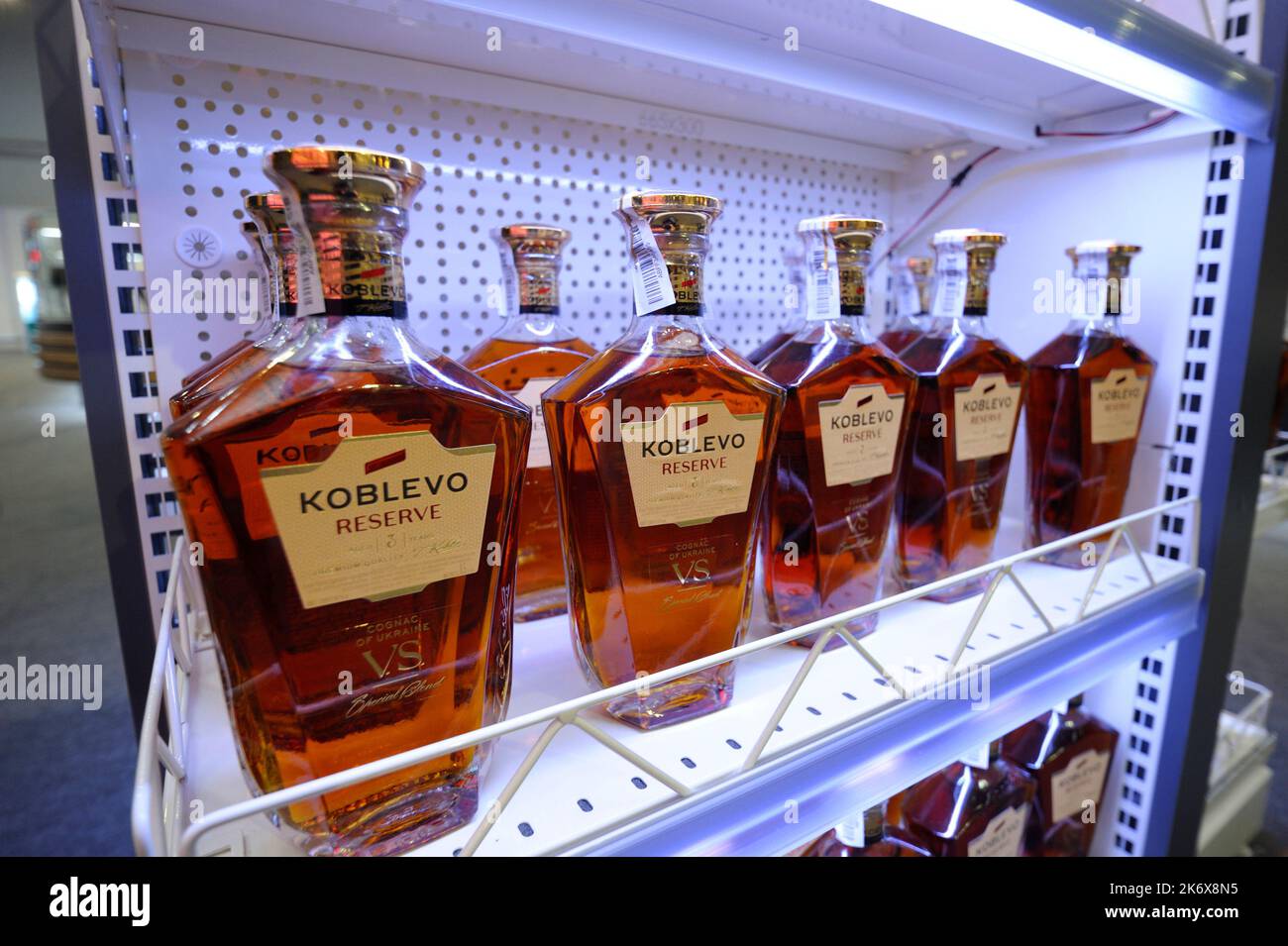 Bottles of cognac Koblevo placed on a shelf of a fridge March 16, 2021 ...