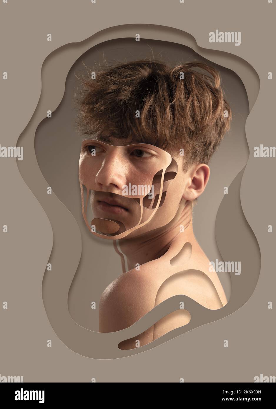 Youth. Contemporary artwork with young sad man on grey background with ...