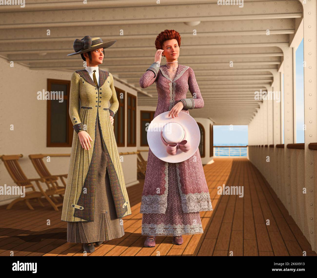 Two Women dressed in Edwardian travel suits on a promenade deck ...