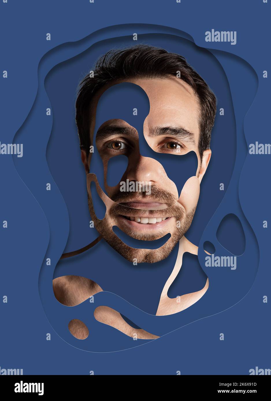 Contemporary artwork with young man on dark blue background with ...