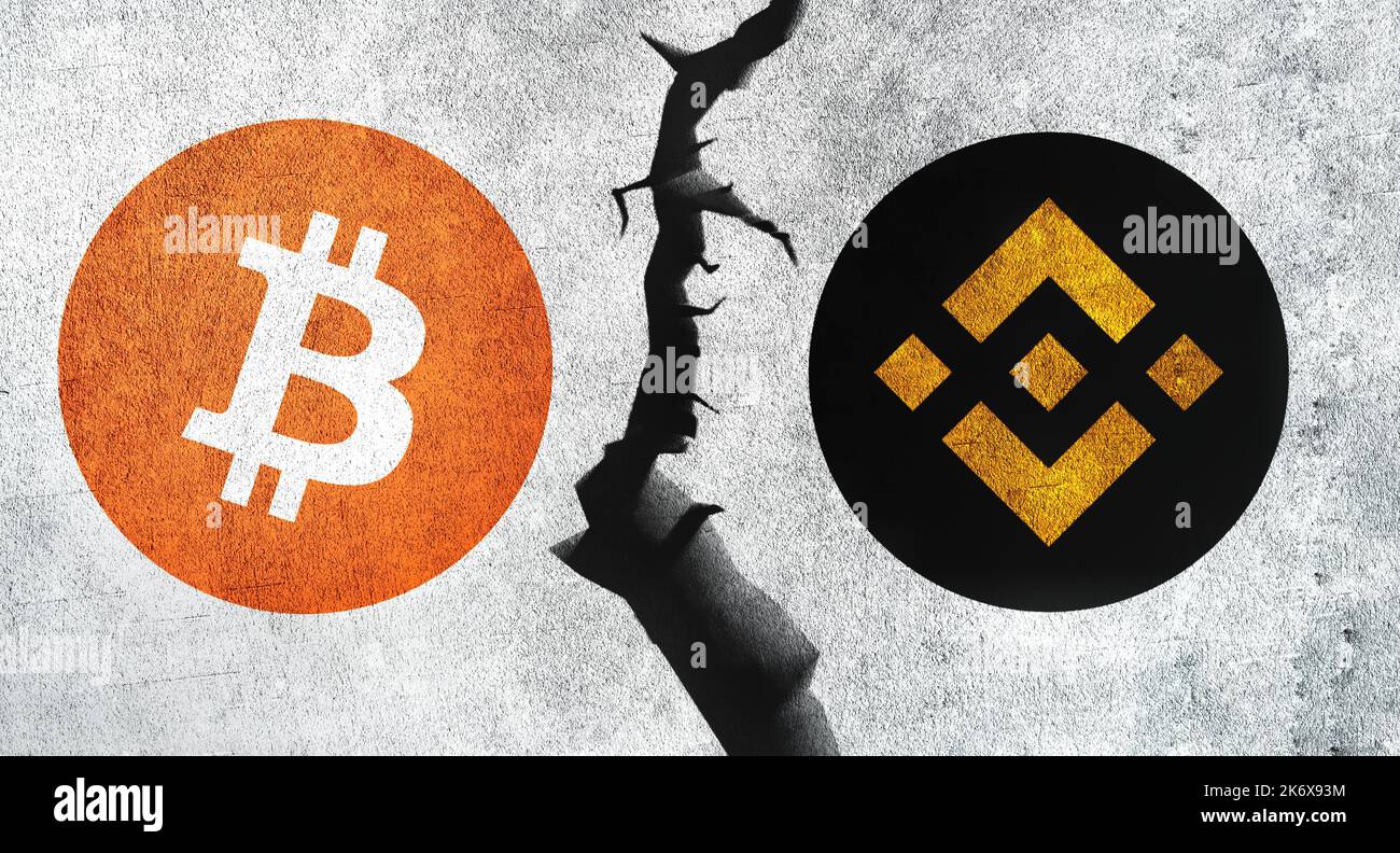 Bitcoin (BTC) vs Binance Coin (BNB) symbols on cracked wall background ...