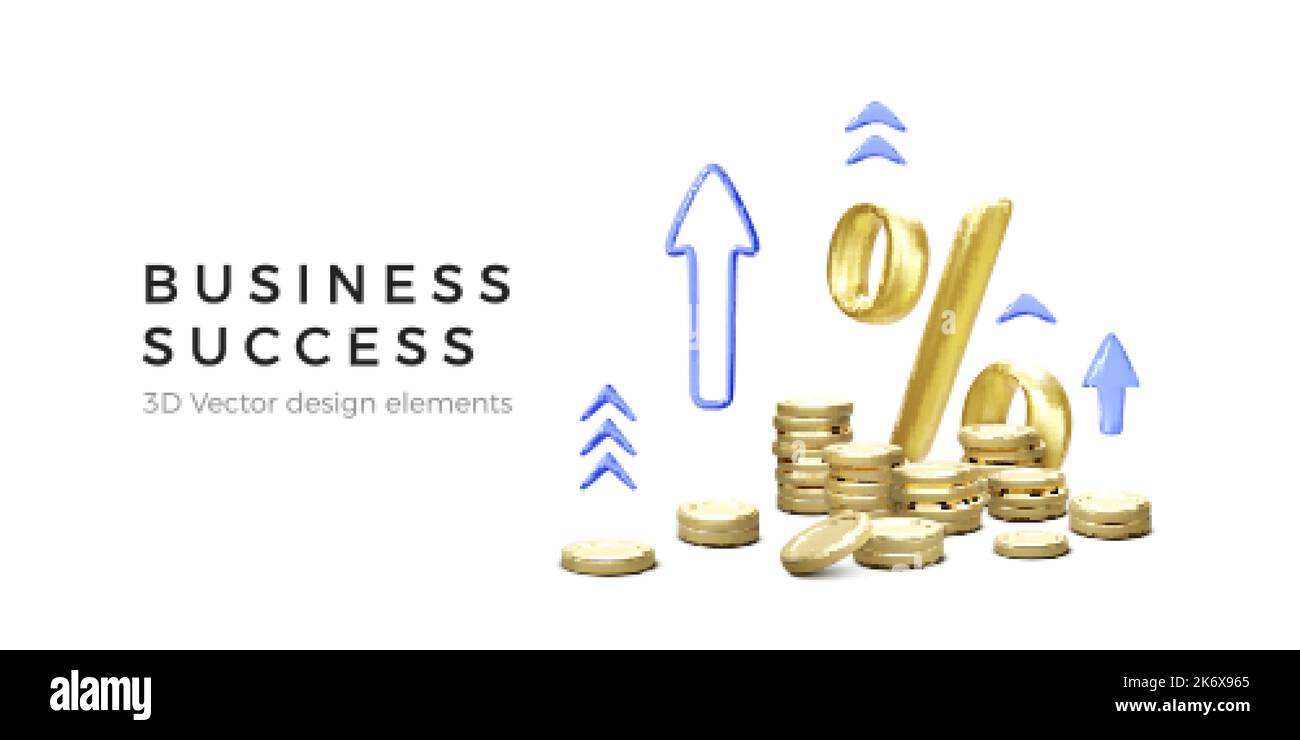 3D gold percent symbol with stack of coins and arrows up in cartoon ...