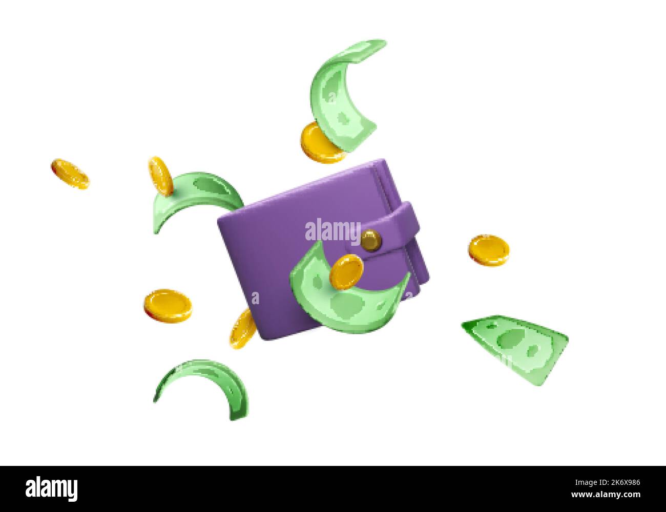 3D wallet with money next it. Realistic dollar in cartoon style ...