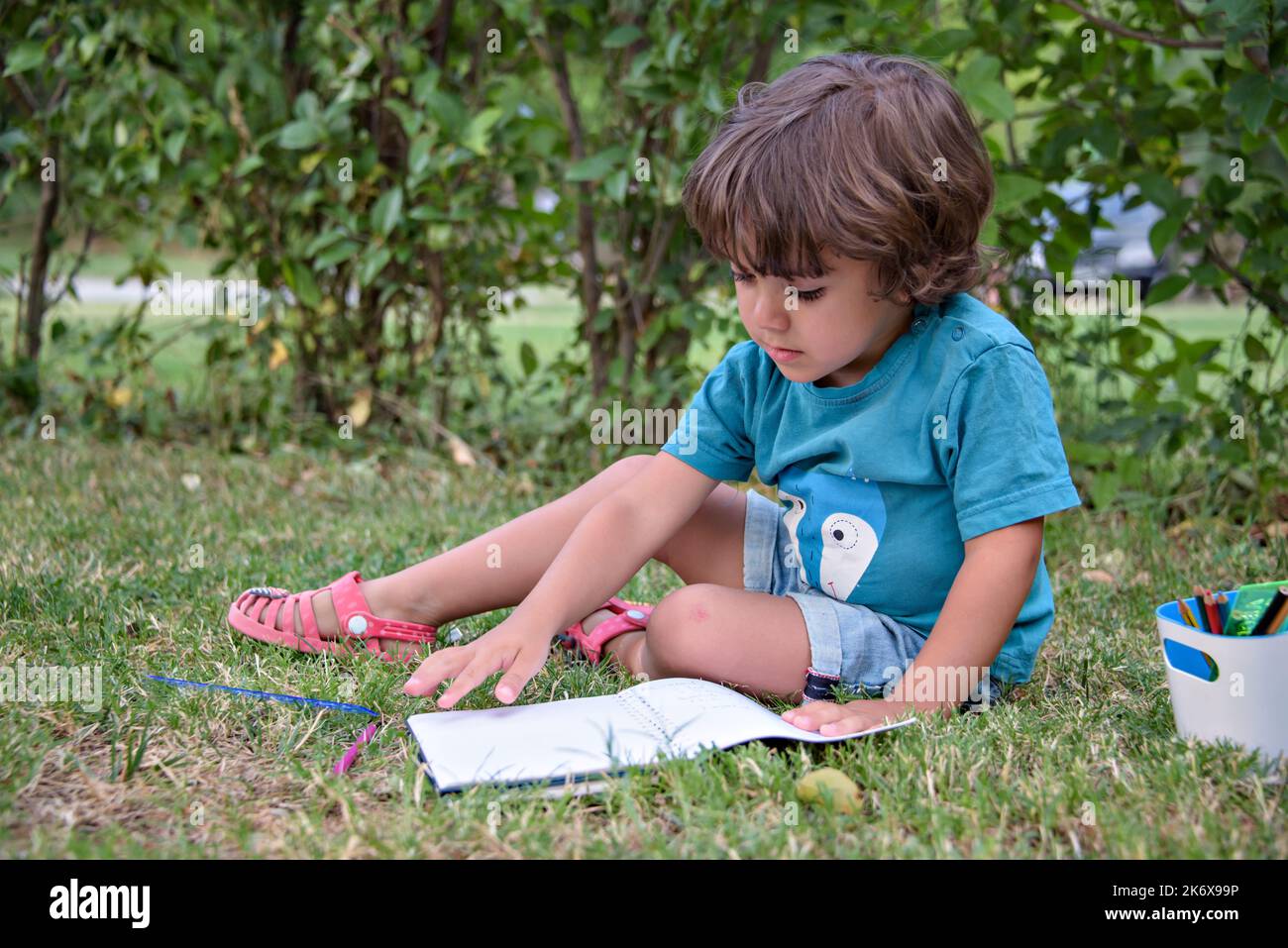 Young Caucasian school boy sitting in park outdoor doing school ...