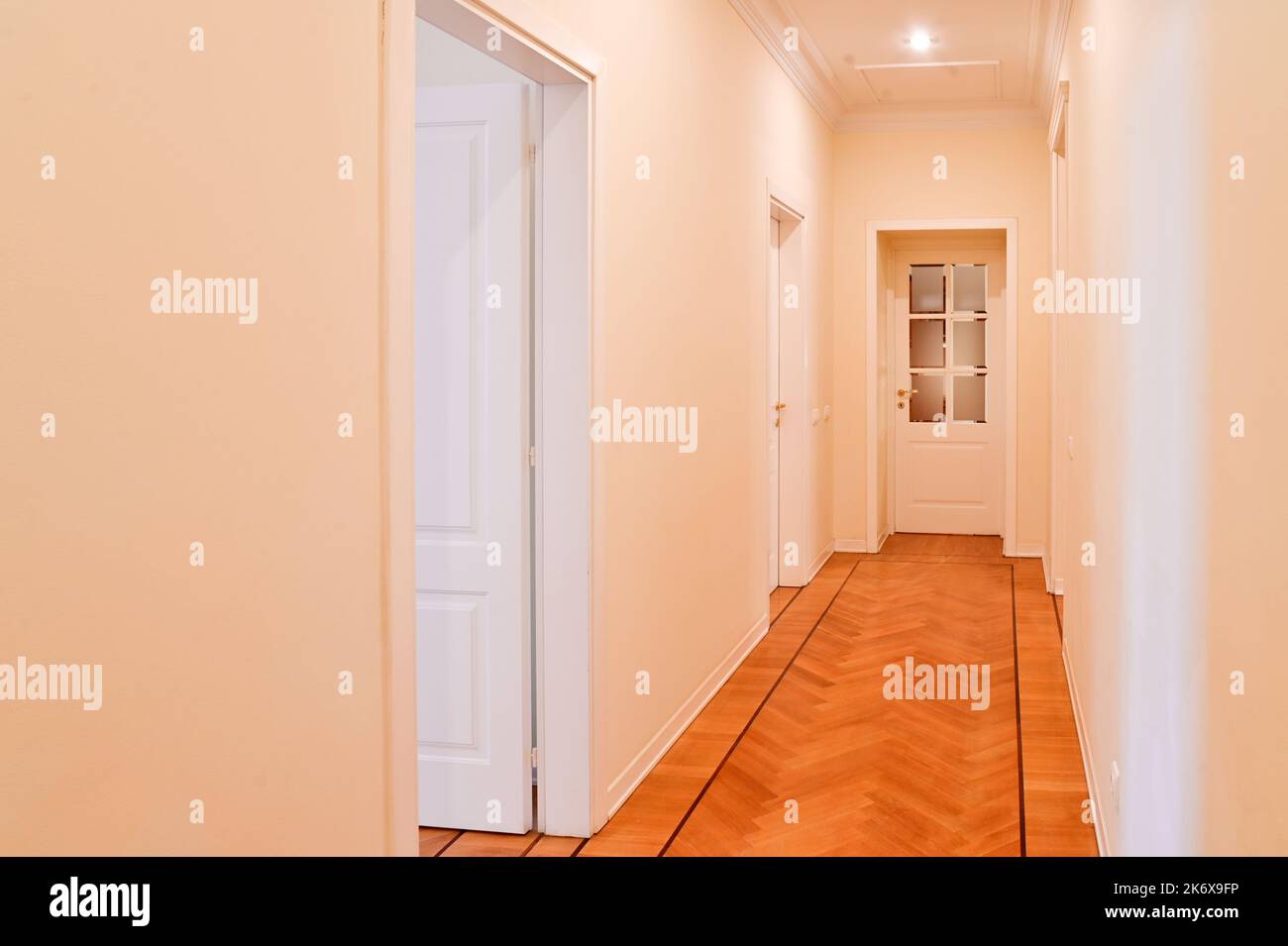 Corridor in a house with a wooden floor, white walls and doors to rooms ...