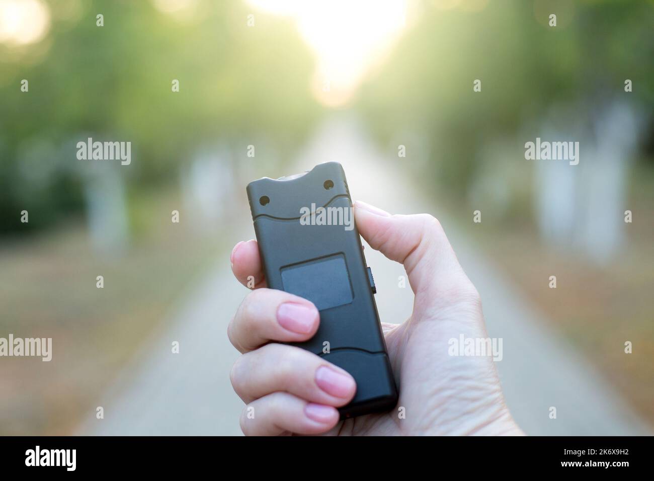 A woman's hand holds a taser in the evening in the park Stock Photo - Alamy