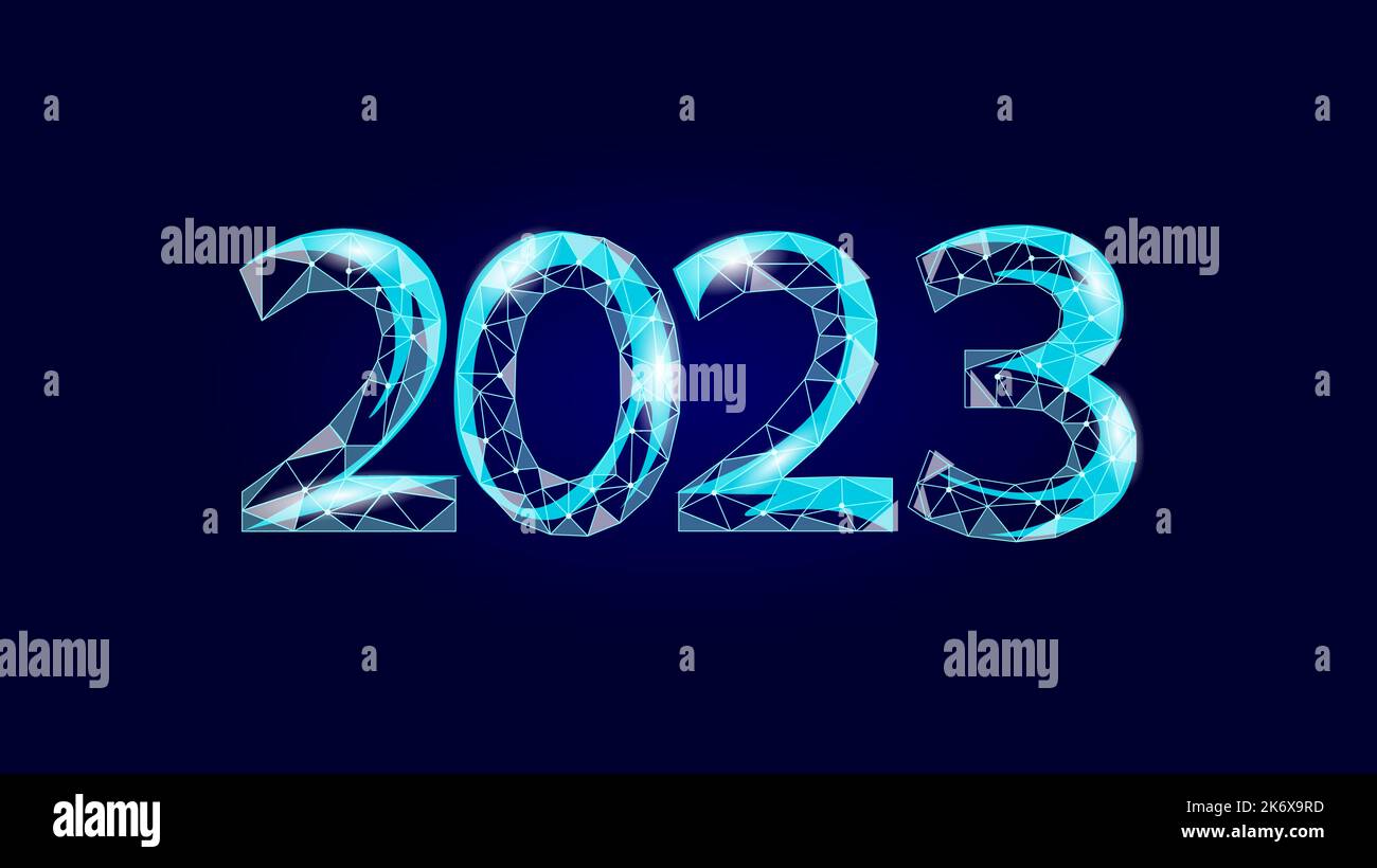 2023 New Year 3D metal ice texture. Glowing shape blue dark neon number ...