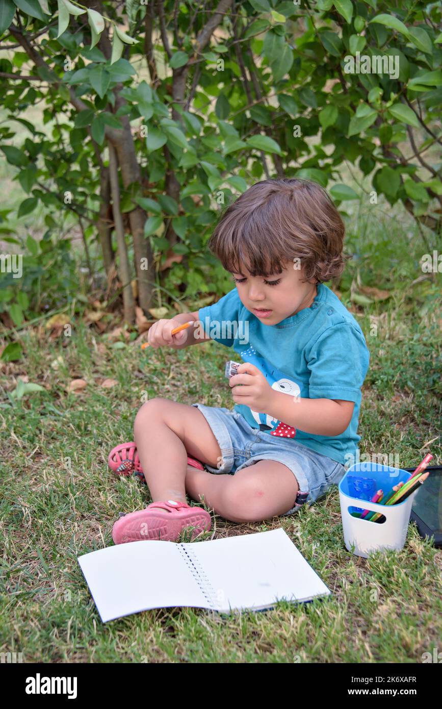 Young Caucasian school boy sitting in park outdoor doing school ...