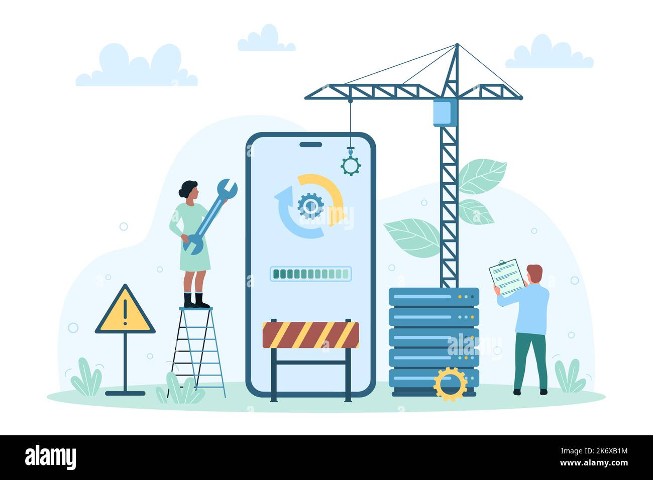 Mobile app design development vector illustration. Cartoon tiny people building application ...