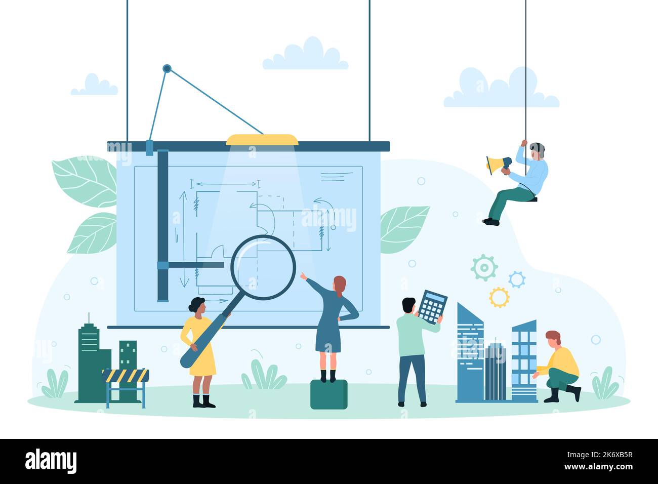 Engineering work, architecture vector illustration. Cartoon tiny ...