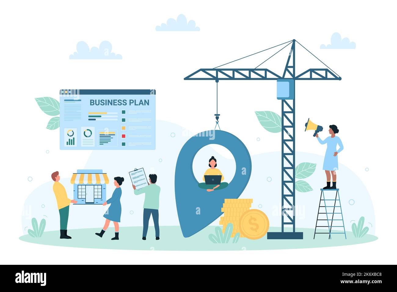 Business projects, plans and development vector illustration. Cartoon tiny people build success ...