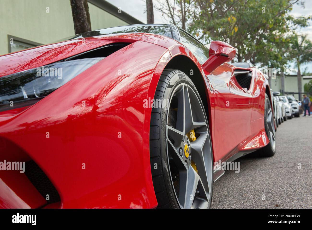 Atibaia - Brazil, October 7, 2022: Low front side view of red Ferrari ...