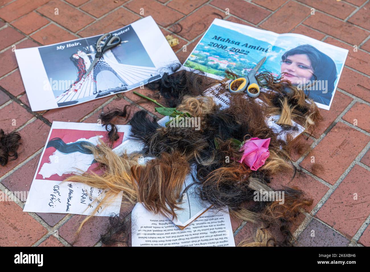 PORTLAND, OREGON, USA - Oct 15, 2022: Cropped locks of hair and a rose ...