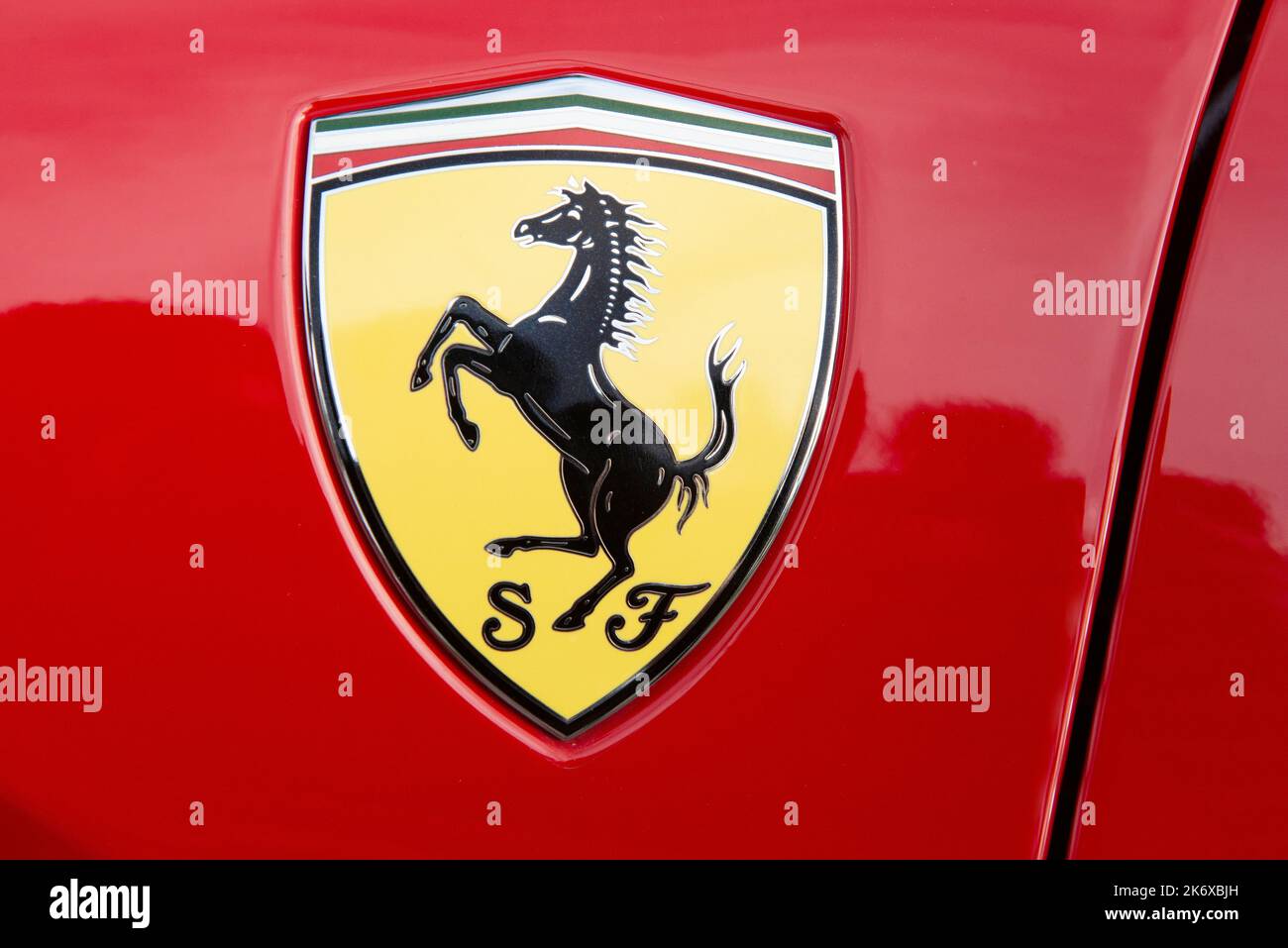 Atibaia - Brazil, October 7, 2022: Close up of Scuderia Ferrari symbol ...