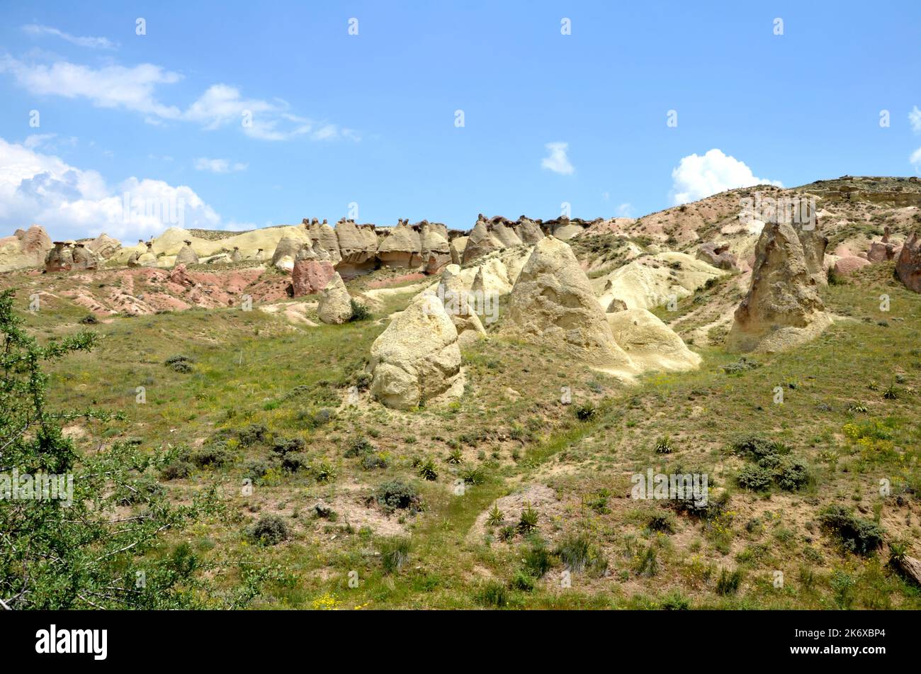 colorful rock formation with plants and meadows in Cappadocia, turkey ...