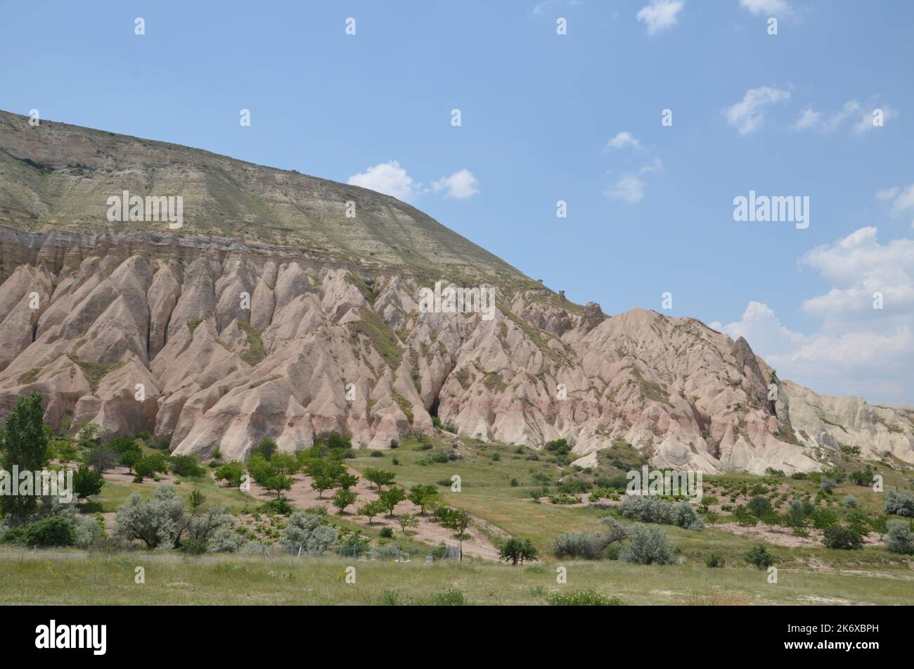 colorful rock formation with plants and meadows in Cappadocia, turkey ...