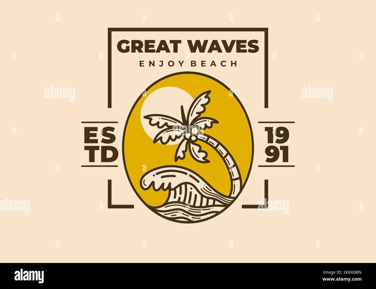 Retro art illustration design of a beach waves and coconut tree Stock ...