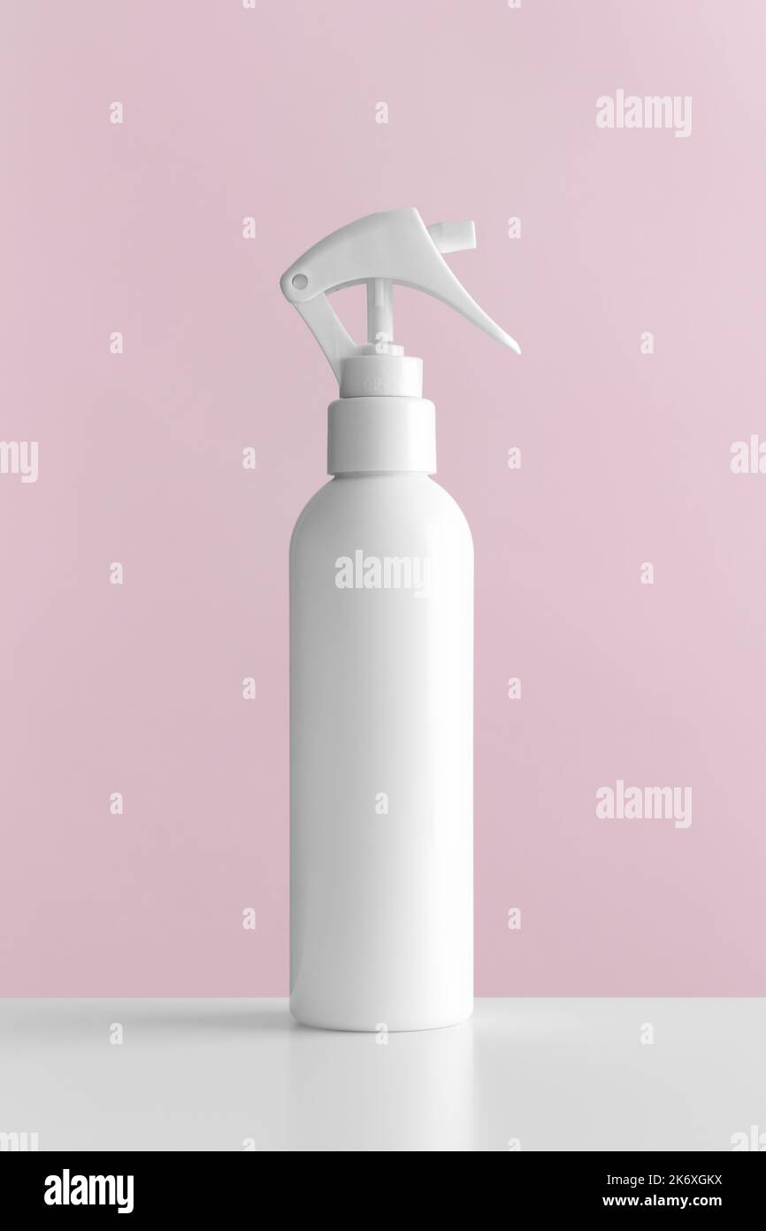 White cosmetic trigger sprayer bottle mockup with pink background Stock ...