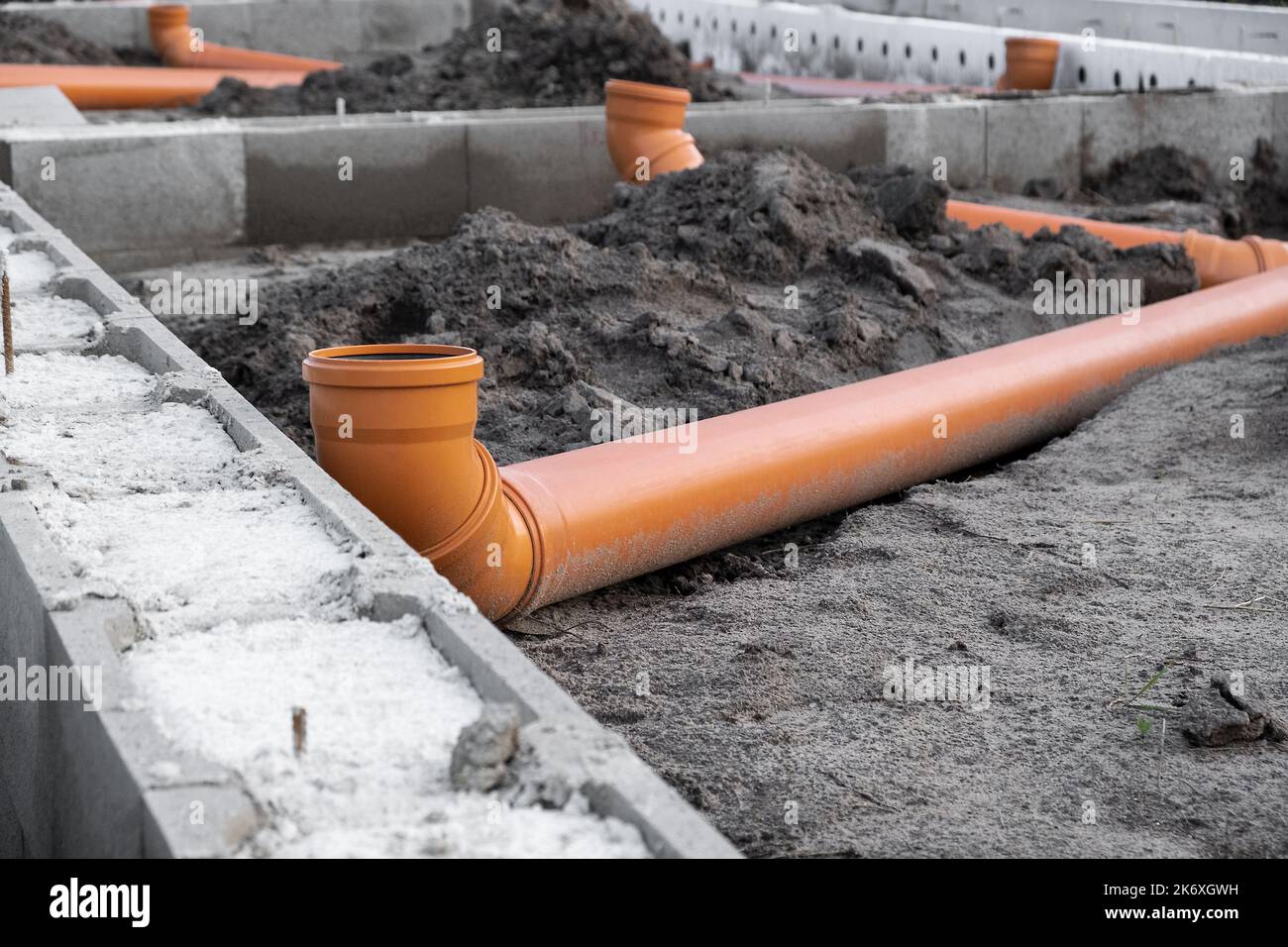 New Installed pipework system. Sewer Line developed and mounted on the ...