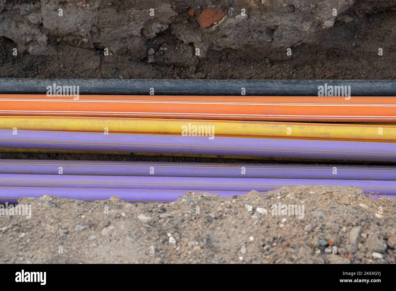 underground electric cable infrastructure installation. Construction ...