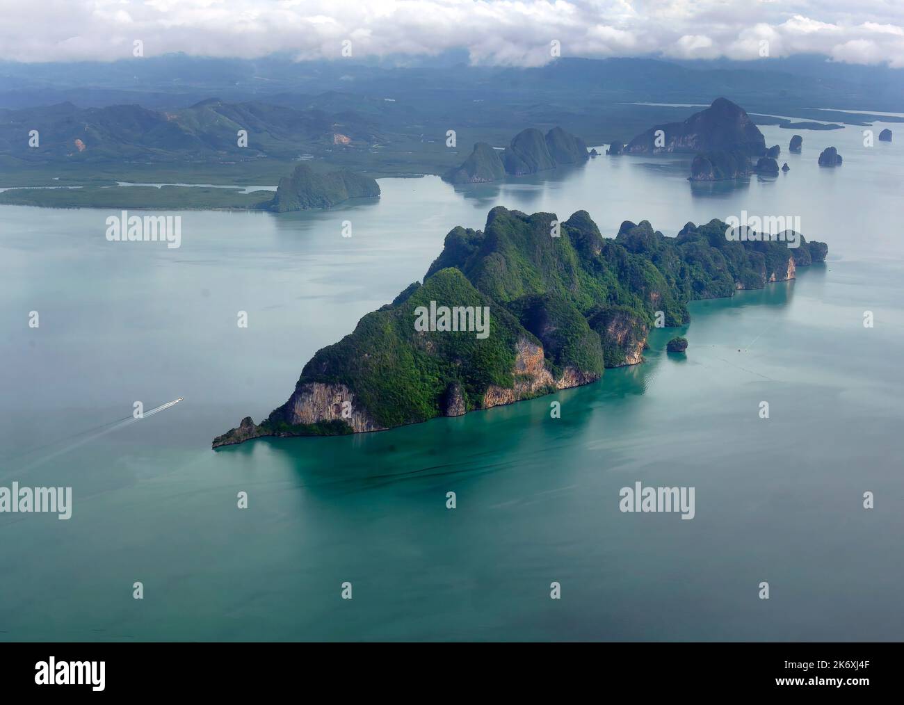 Aerial view flying over tropical green island group in Phang Nga Bay ...