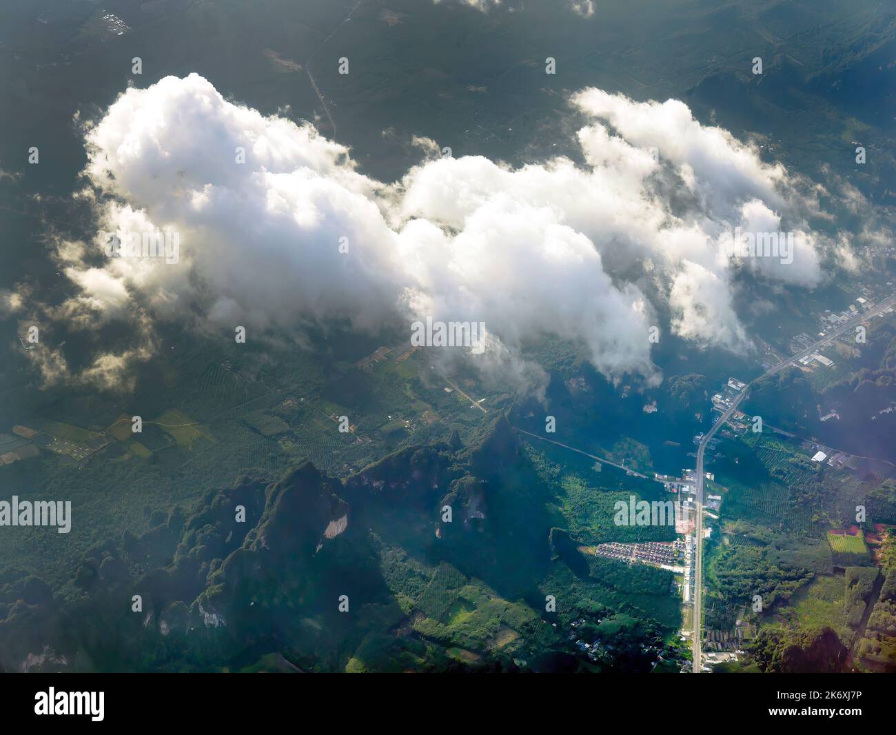 Aerial view of tranquil cloudscape in the blue sky with landscape ...