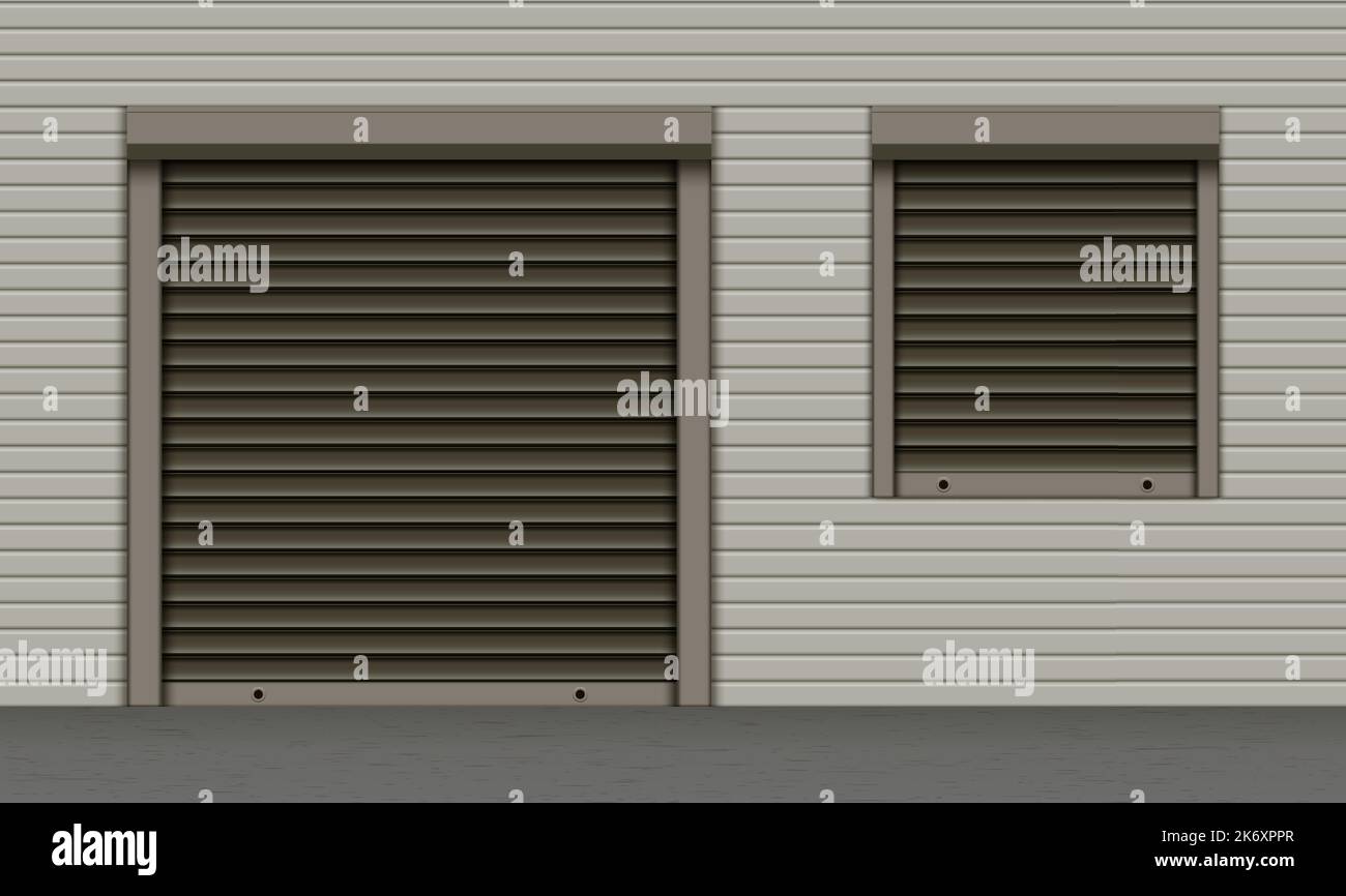 Black closed roller garage shutter door and window with realistic ...