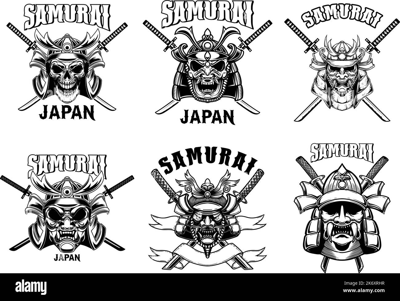 Set of emblems with samurai helmets and katana. Design element for logo ...
