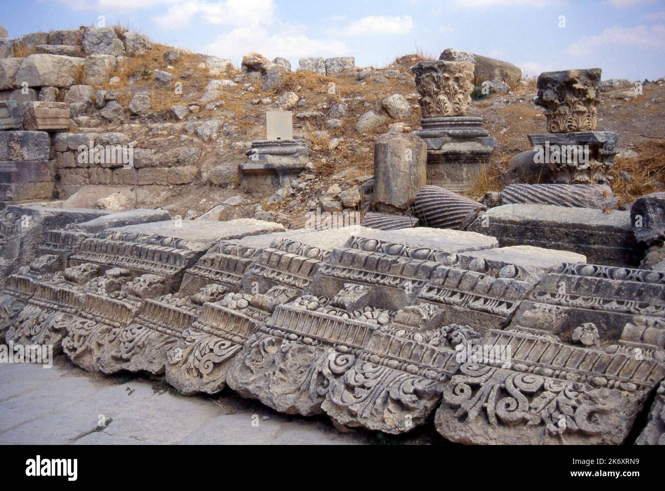 Intricate stonework carvings at the Roman settlement of Jerash, Jordan ...