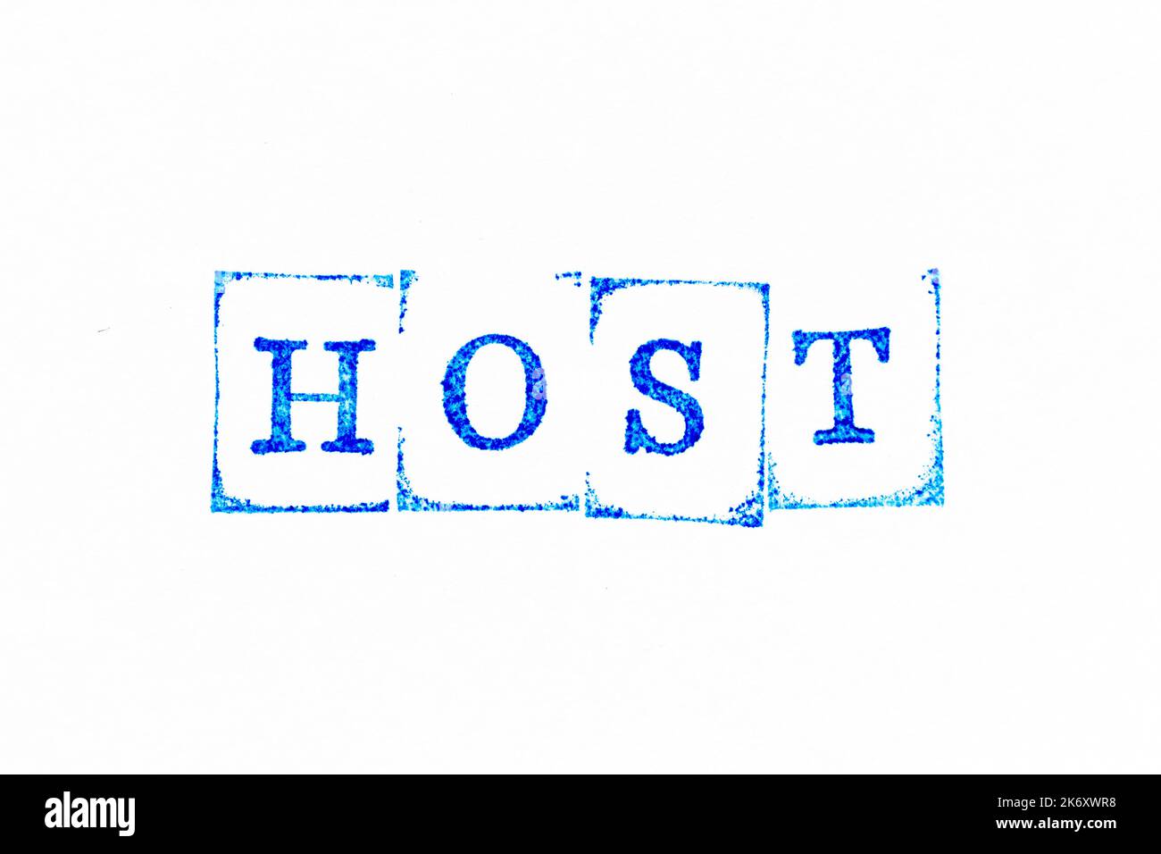 Blue color ink rubber stamp in word host on white paper background ...