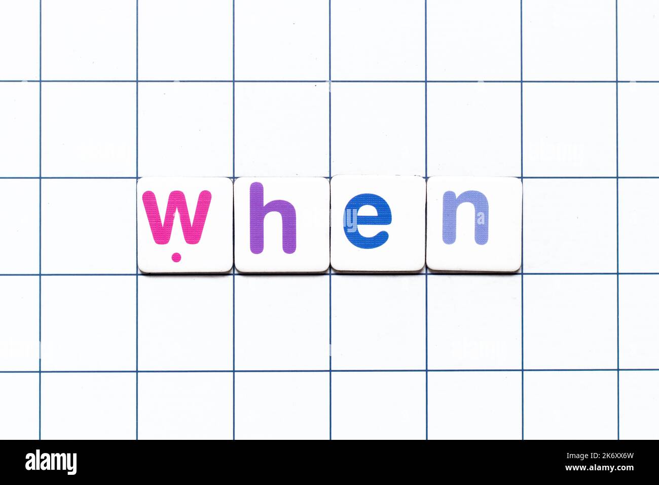 Colorful tile letter in word when on white grid background Stock Photo ...