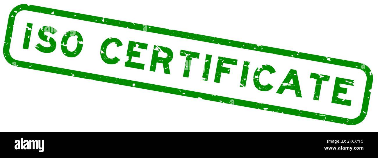 Grunge green ISO certificate word square rubber seal stamp on white ...