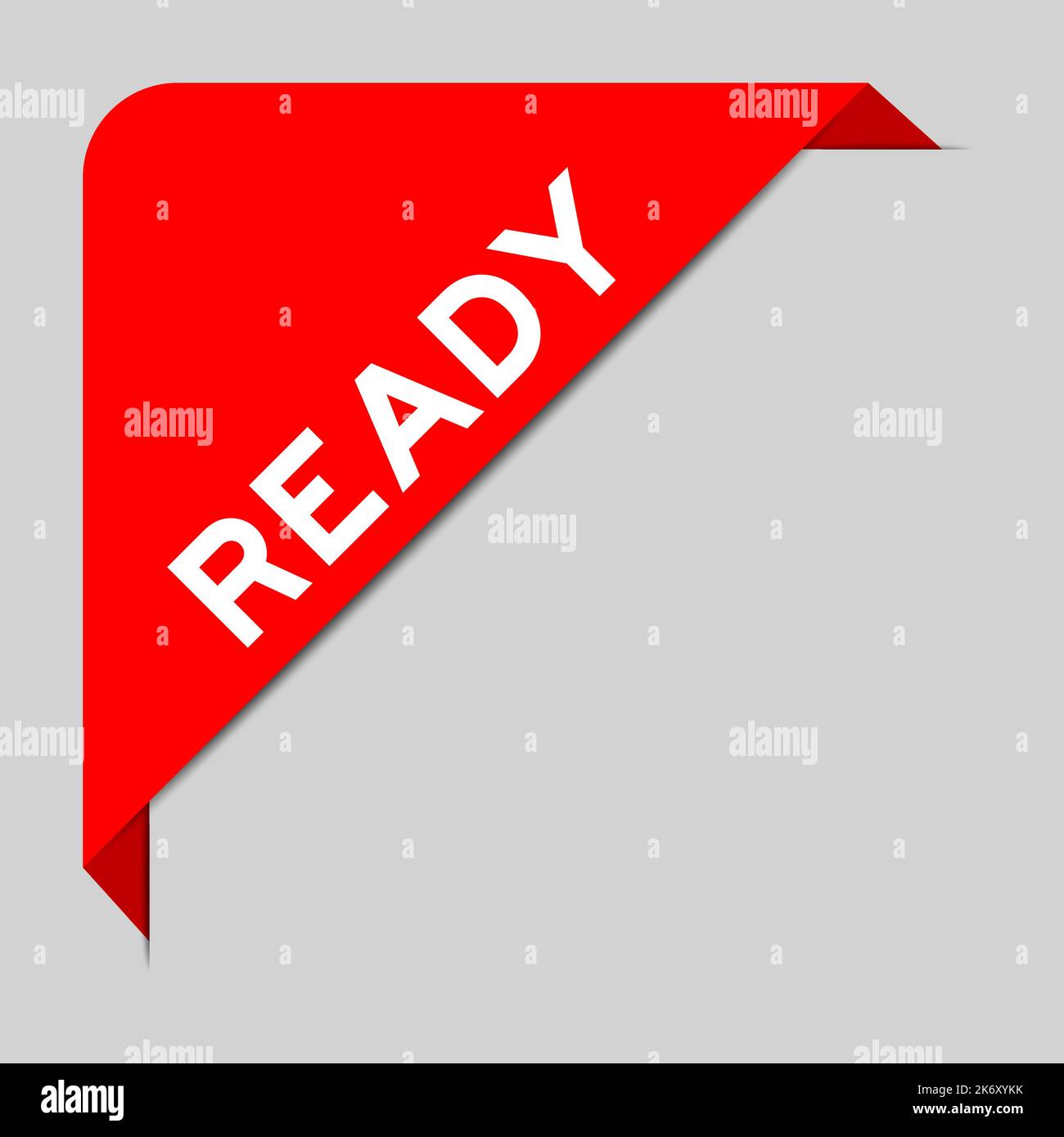 Red color of corner label banner with word ready on gray background ...