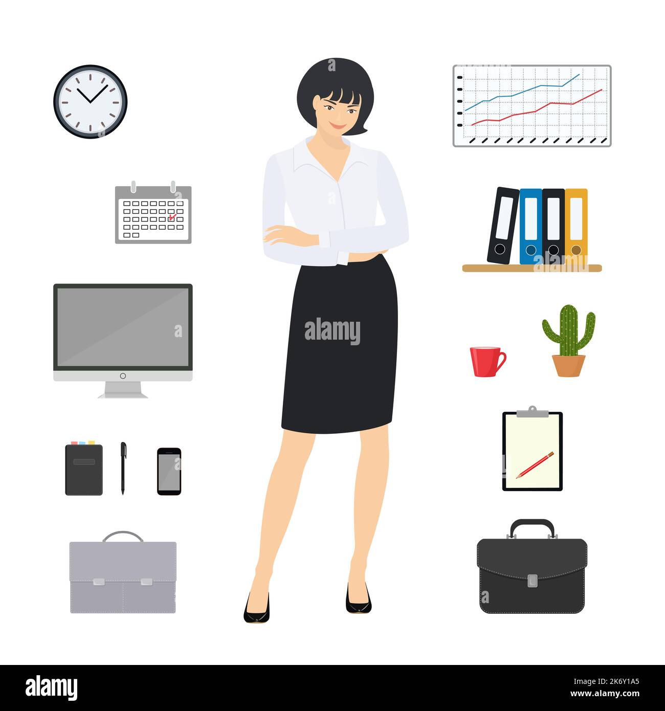 Young business woman and office accessories. Cartoon flat style Stock ...
